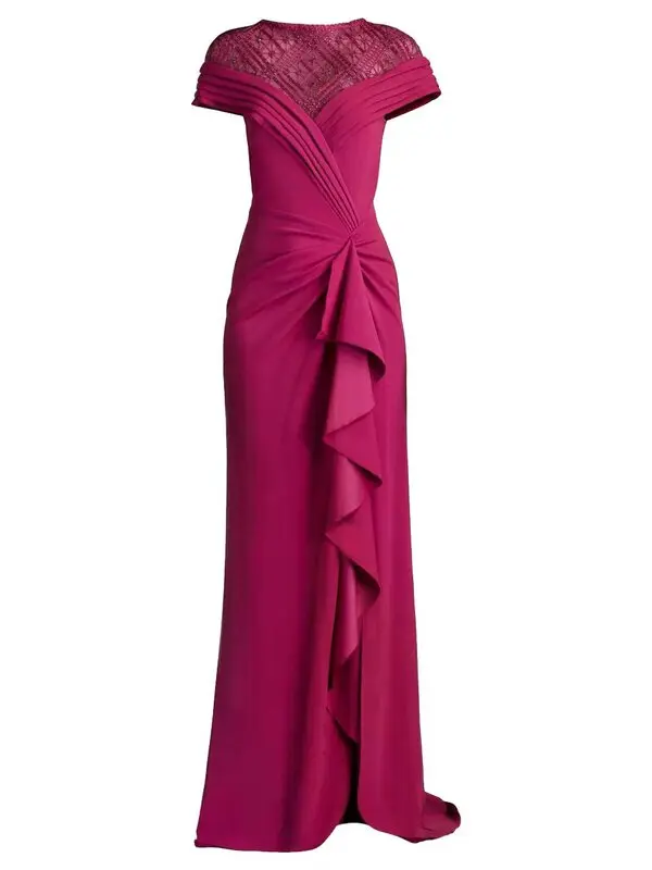 Tadashi Shoji Pleated Lace-shoulder Gown - Pink