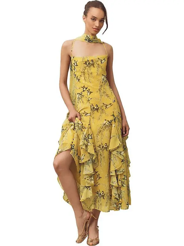Bhldn Chiffon Cowl-neck Ruffle Midi Dress - Yellow