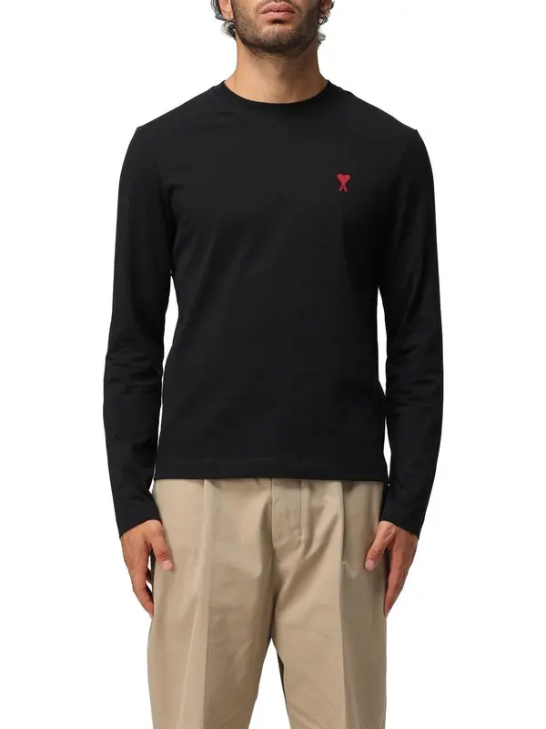 AMI Paris Long-sleeved Cotton Jersey T-shirt With Embroidered Logo - Black