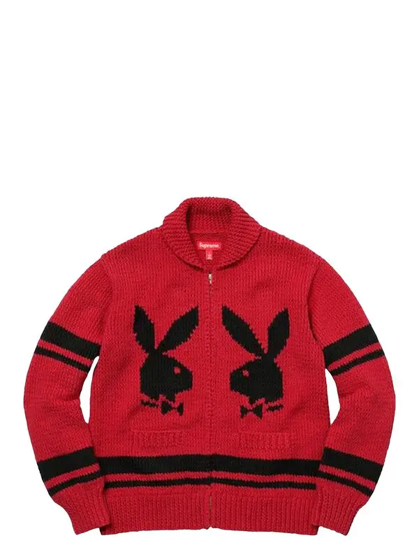 Supreme X Playboy Shawl Collar Full Zip Sweater - Red