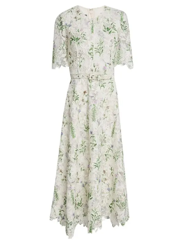 Monique Lhuillier Floral-print Lace Midi Day Dress With Belt - Floral Multi