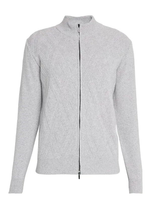 Neiman Marcus Diamond-knit Wool And Cashmere Full-zip Sweater - Grey