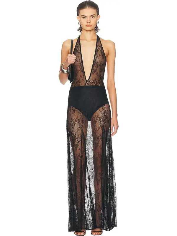 ADRIANA DEGREAS Lace Bare-back Long Dress - Black