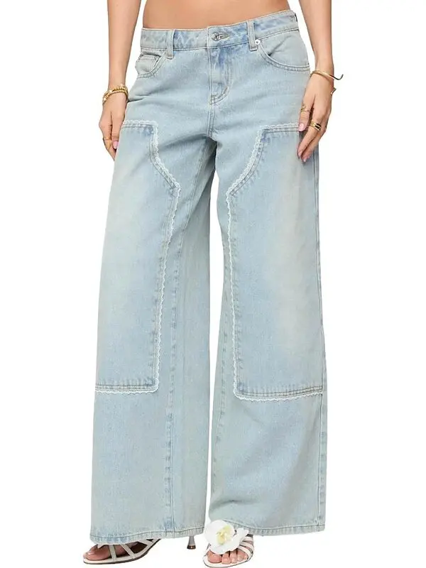 EDIKTED Teela Lacey Low Rise Carpenter Jeans - Light Blue