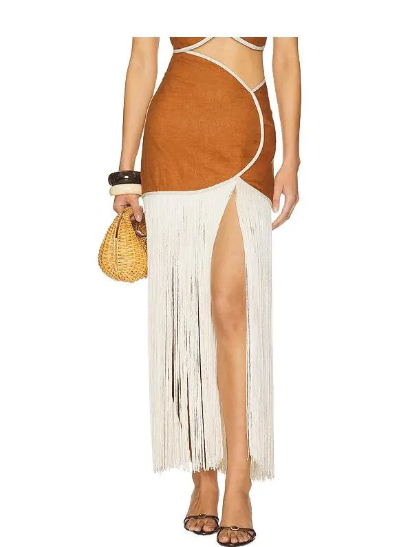 Azulu Fringe Trim Linen Skirt - Cognac