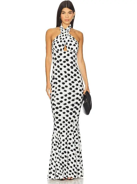 Norma Kamali Cross Halter Fishtail Gown - Paint Dots