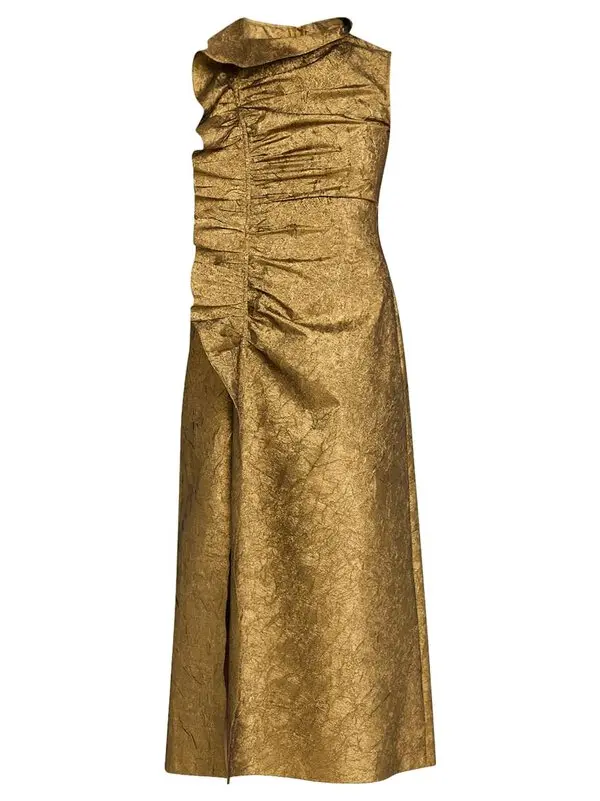 Ulla Johnson Demetria Metallic Sleeveless Ruched Midi Dress - Gold Leaf