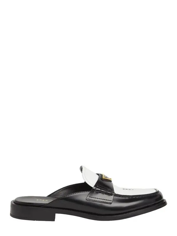 Prada Spazzolato Bicolor Triangle Logo Loafer Mules - Nero Bianco