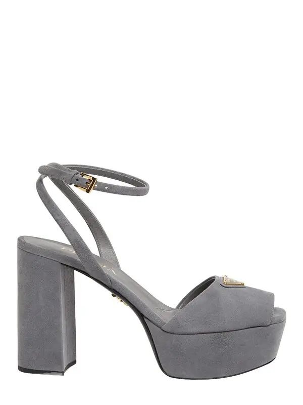 Prada Triangle Logo Suede Platform Sandals - Gray