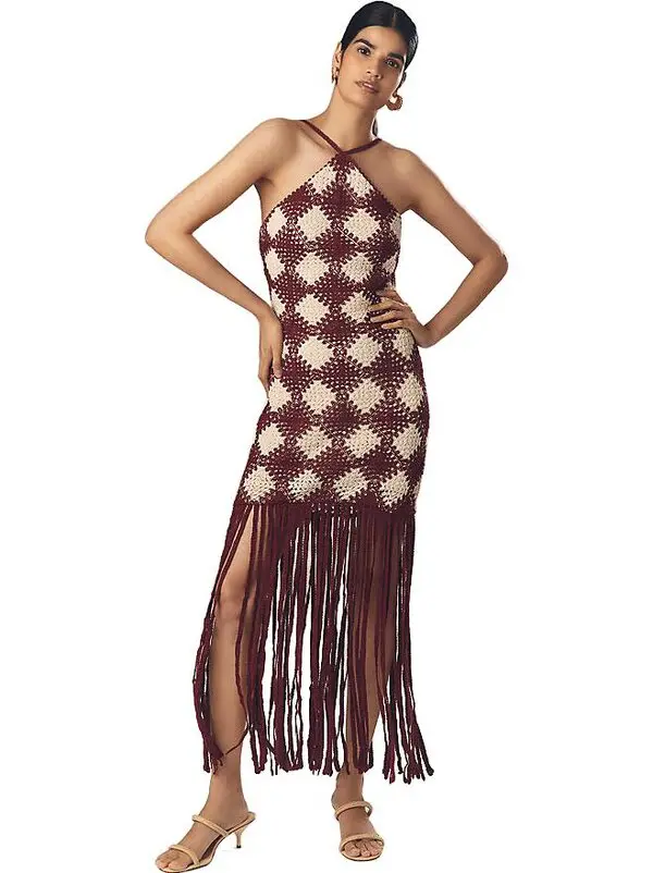 Saylor Dragana Halter Crochet Fringe Midi Dress - Maroon / Ecru