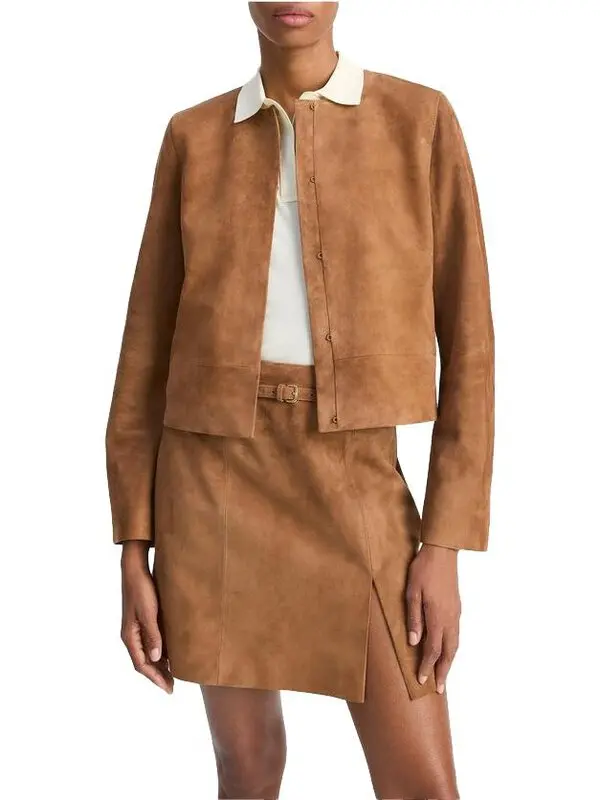 Vince Collarless Cropped Suede Jacket - Black