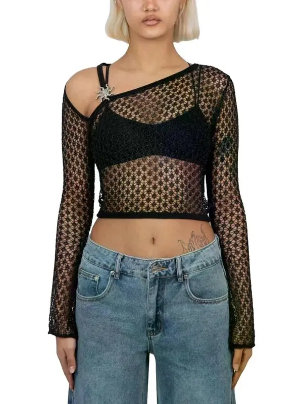 HOUSE OF SUNNY Sun-embellished Mesh Top - Black