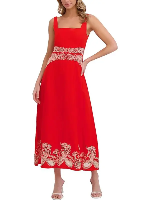 Ted Baker London Square Neck Embroidery Detail Midi Dress - Flame Scarlet