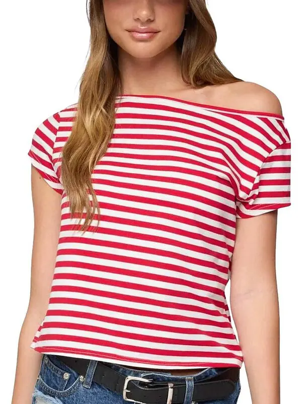 EDIKTED Aretha Striped Off Shoulder Top - Red