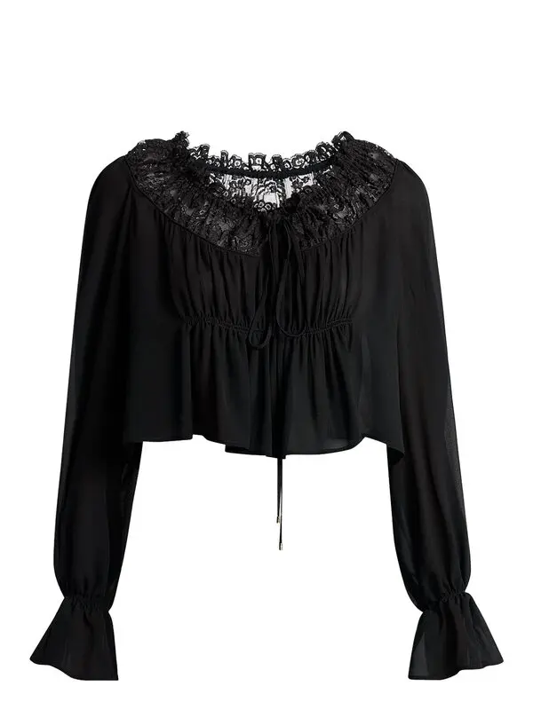 Chloé Ruched Lace Silk Peasant Blouse - Black