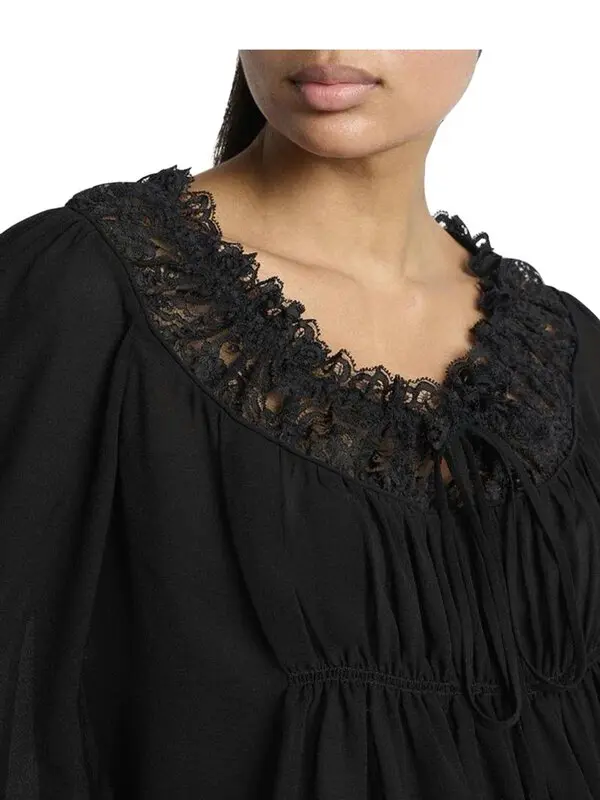 Chloé Ruched Lace Silk Peasant Blouse - Black