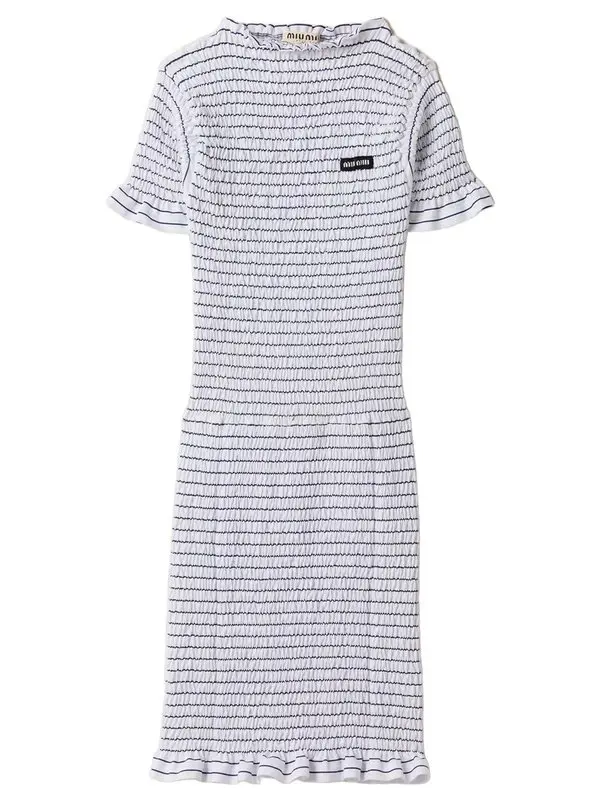 Miu Miu Smocked Striped Jersey Dress - White/blue