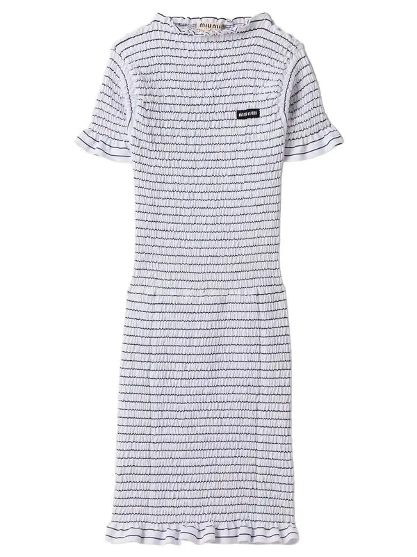 Miu Miu Smocked Striped Jersey Dress - White/blue