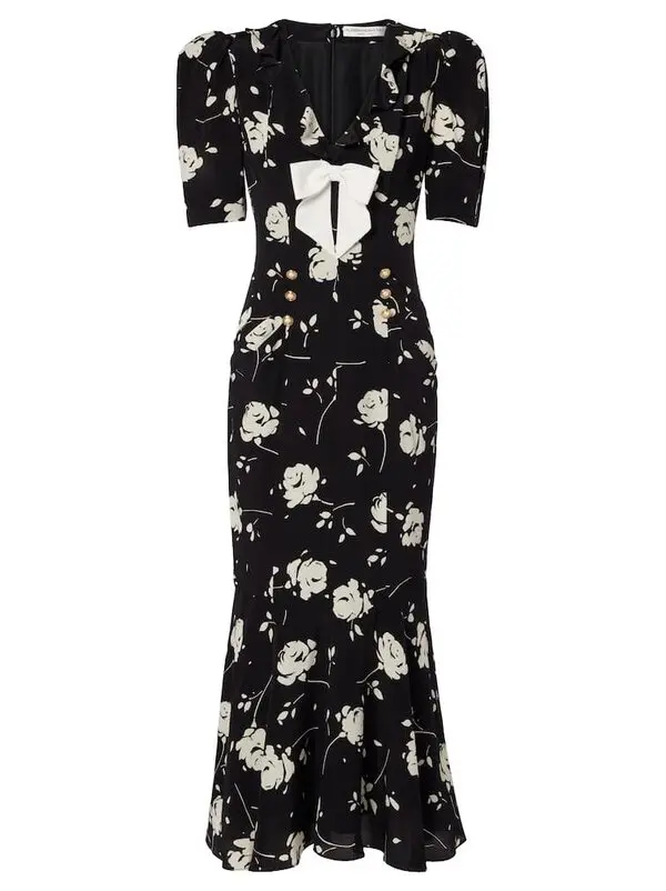 Alessandra Rich Floral Printed Silk Midi Dress - Black