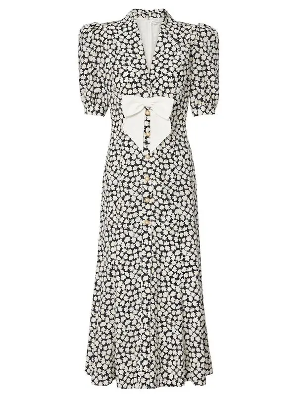 Alessandra Rich Floral Printed Silk Midi Dress - Black