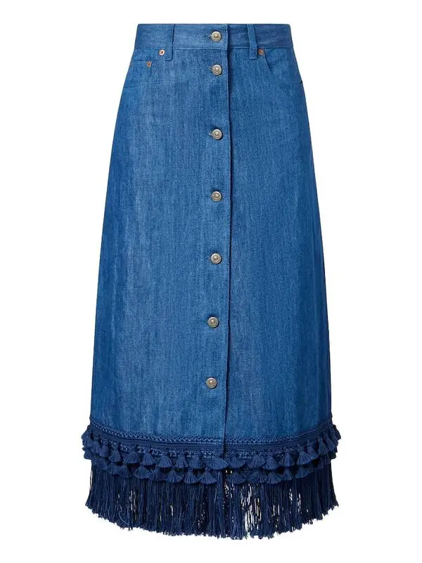 Valentino Garavani Fringed Denim Midi Skirt - Blue