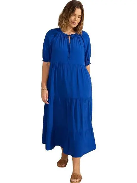 LIVE UNLIMITED Tiered V-neck Midaxi Dress - Blue