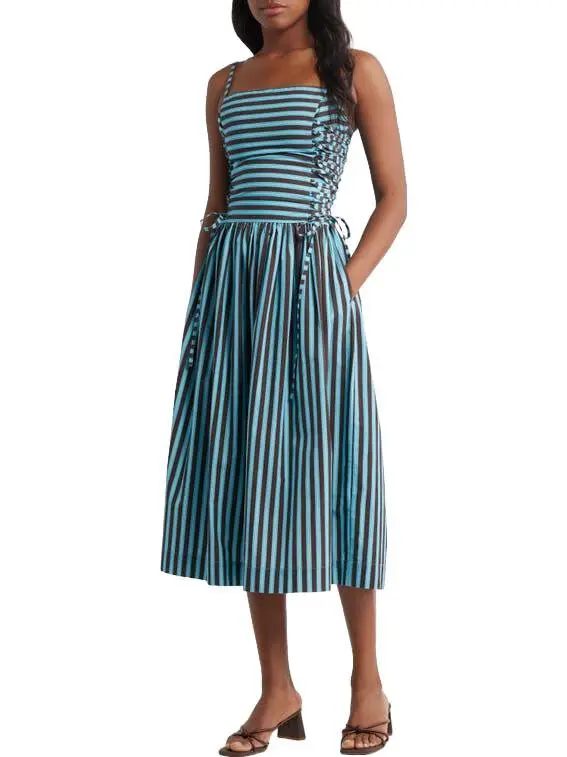DAMSON MADDER Angelina Stripe Lace-up Side Midi Sundress - Blue