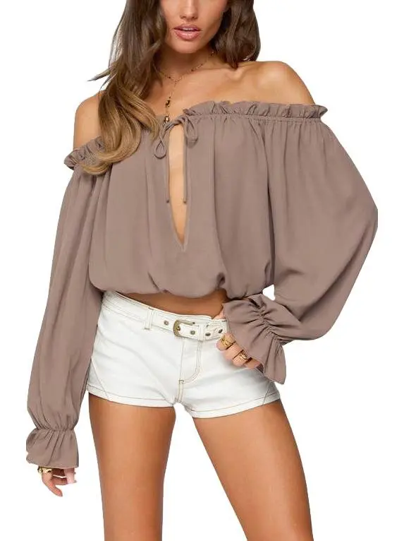 EDIKTED Off-the-shoulder Ruffle Chiffon Top - Brown