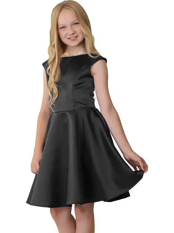 UN DEUX TROIS Cap Sleeve Fit-and-flare Dress - Black Satin