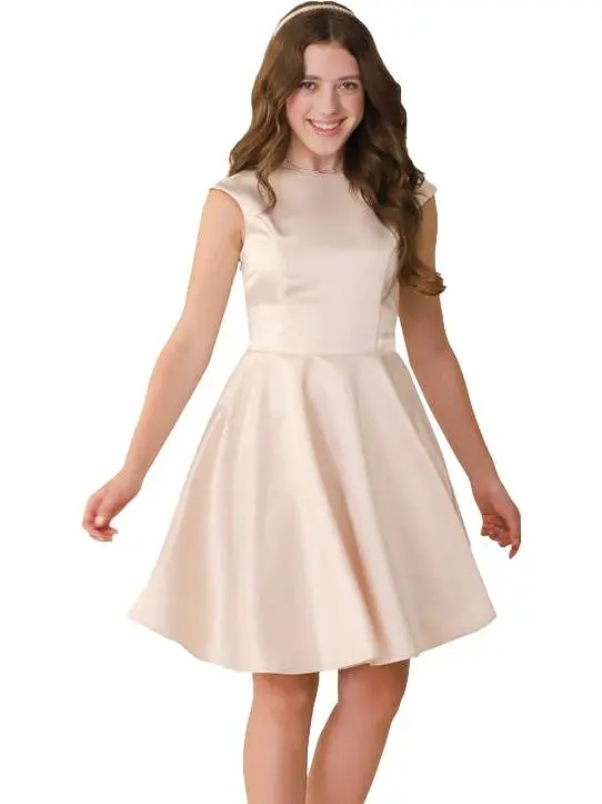 UN DEUX TROIS Cap Sleeve Fit-and-flare Dress - Blush Pink Satin