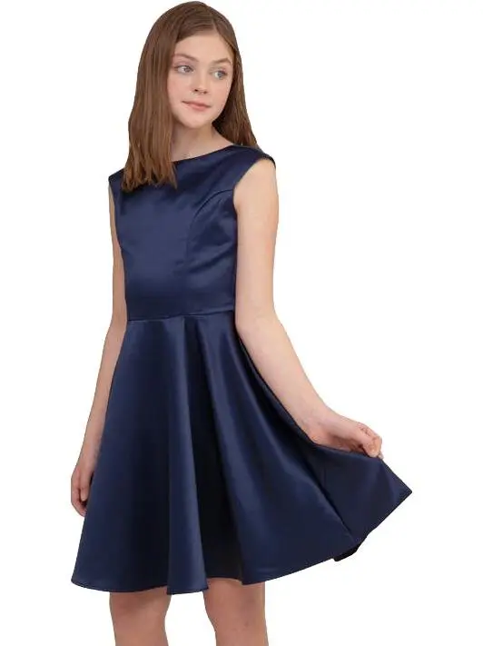 UN DEUX TROIS Cap Sleeve Fit-and-flare Dress - Navy Satin