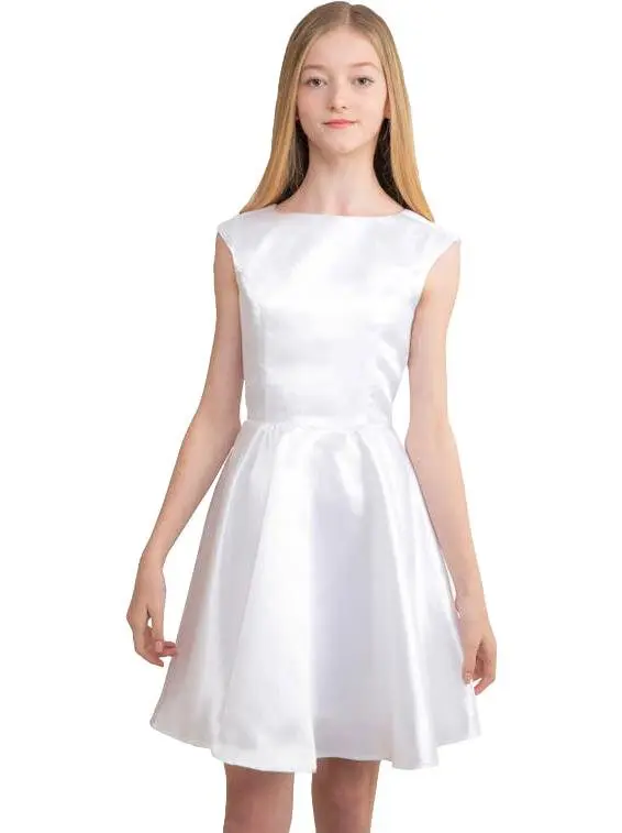 UN DEUX TROIS Cap Sleeve Fit-and-flare Dress - White Satin