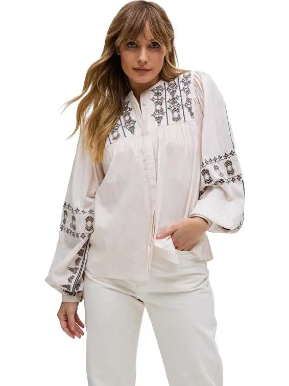 RAFFYA Embroidered Balloon Sleeve Shirt - Cream