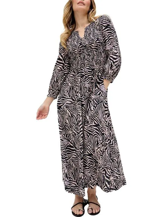 RAFFYA Shirred Bodice Zebra Print Maxi Dress - Black