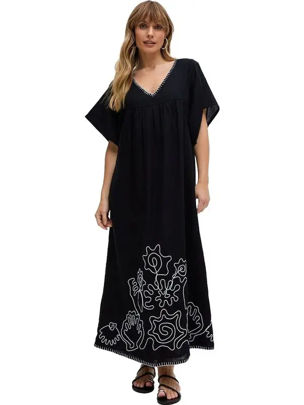RAFFYA Candy Tabard Embroidered Hem Midi Dress - Black