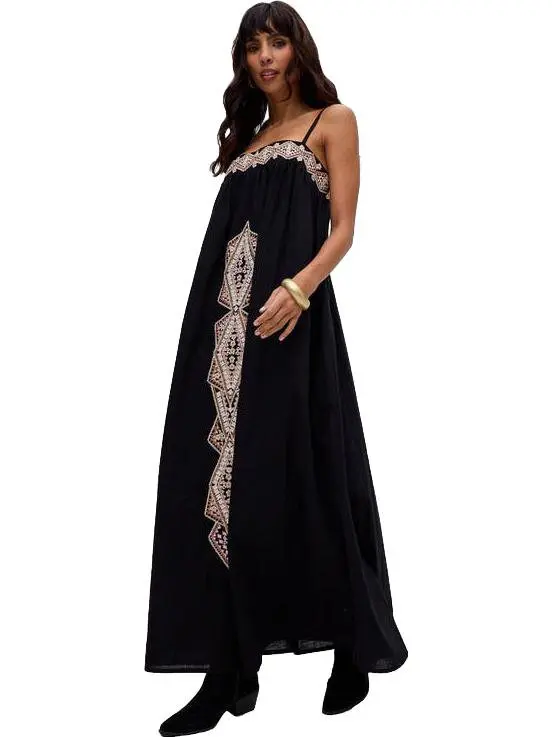 RAFFYA Embroidered Spaghetti Strap Maxi Dress - Black