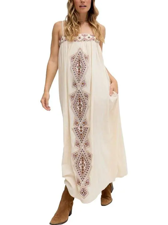 RAFFYA Embroidered Spaghetti Strap Maxi Dress - Cream