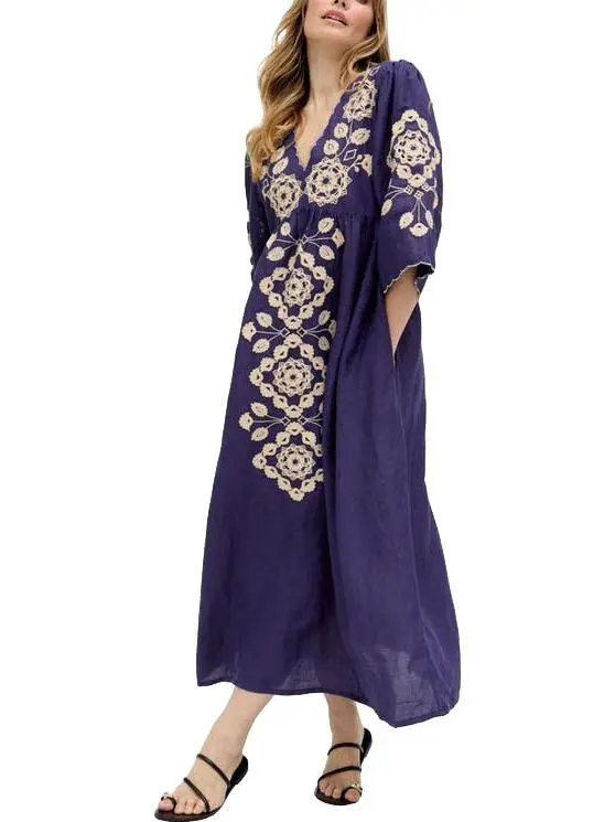 RAFFYA Arianna Embroidered Maxi Dress - Navy