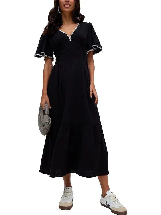 RAFFYA Delilah V-neck Front Tie Midi Dress - Black