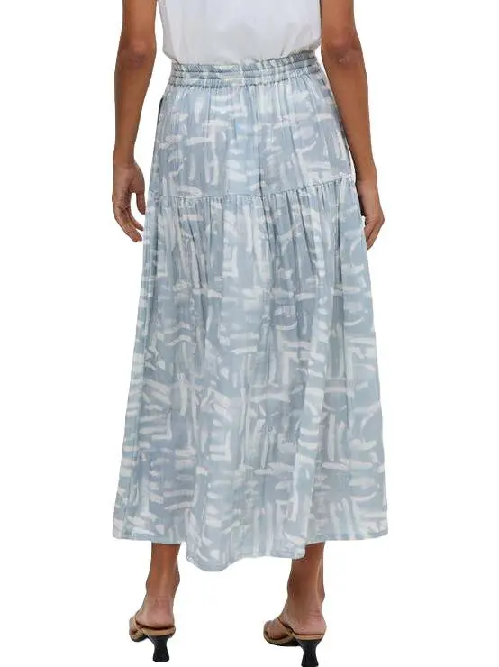 RAFFYA Shirred Waist Warhol Print Midi Skirt - Sky Blue