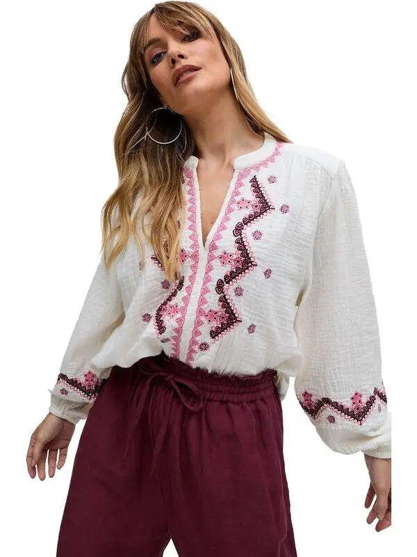 RAFFYA Dina V-neck Embroidered Blouse - White