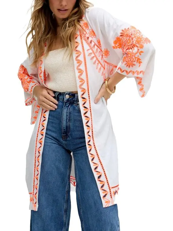 RAFFYA Embroidered Linen-viscose Kimono - White