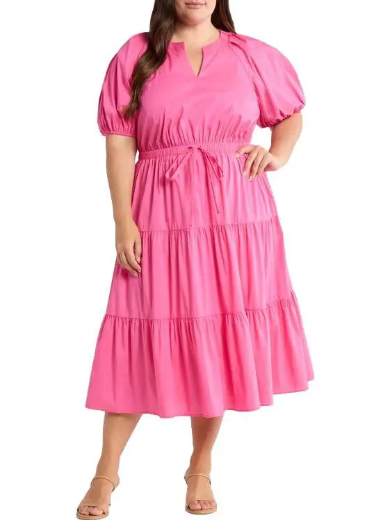 Anne Klein Tiered Puff Sleeve Midi Dress - Carmine Rose