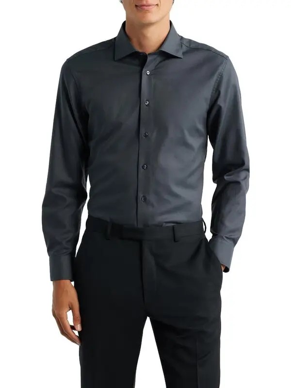 ETERNA Slim Fit Structured Cotton Twill Dress Shirt - Black