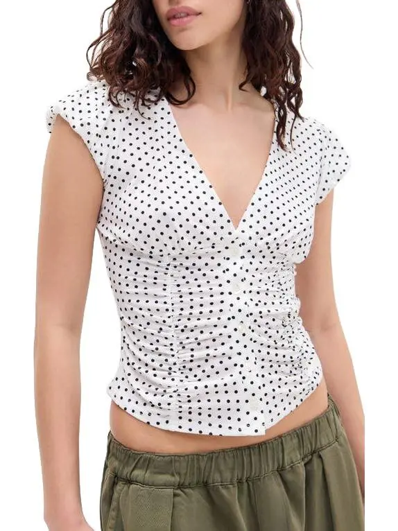 BDG URBAN OUTFITTERS Penny Ruched Polka Dot Top - White
