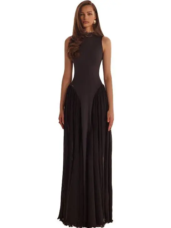 MILLA Fitted Mock Neck Formal Maxi Dress - Black