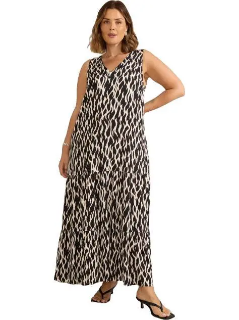 LIVE UNLIMITED Printed V-neck Maxi Dress - Black