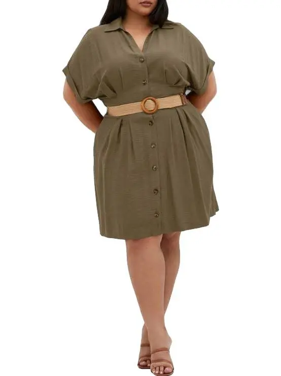 City Chic Jade Belted Shirtdress - Khaki