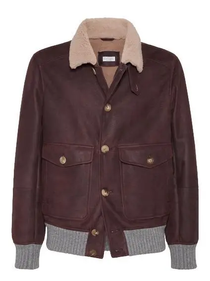 Brunello Cucinelli Nubuck Shearling Aviator Jacket - Purple