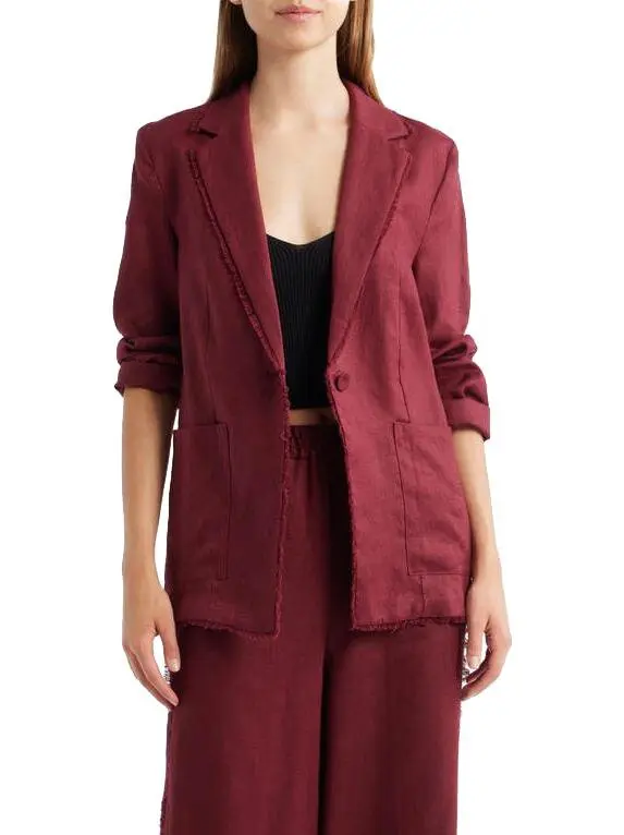 Mango Tarida Frayed Linen Blazer - Wine